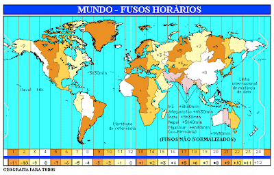 Mundo: Mapa Múndi - Fusos Horários
