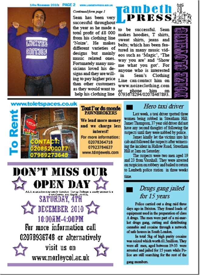 Lambeth Press Local Newspaper: Lambeth Press newspaper's inside page.