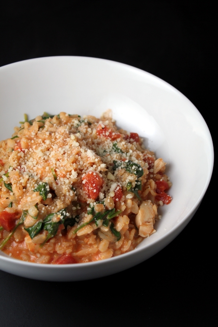 Kitchen Trial and Error: creamy barley with tomatoes, chicken, and spinach