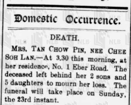 Mrs Tan Cheow Pin nee Chee Soh Lan