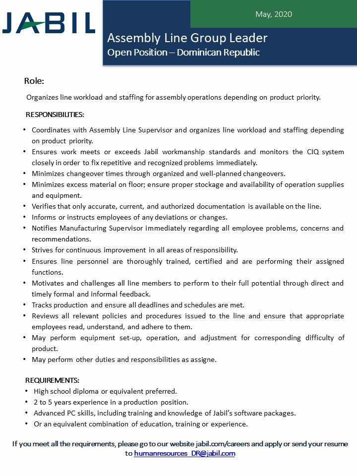 ASSEMBLY LINE GROUP LEADER- JABIL Empleos Rodriguez Empleos Rodriguez