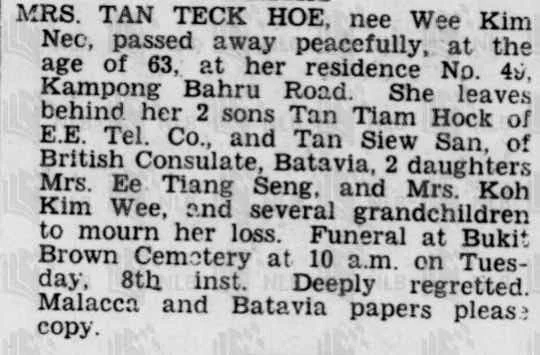 Mrs Tan Teck Hoe nee Wee Kim Neo